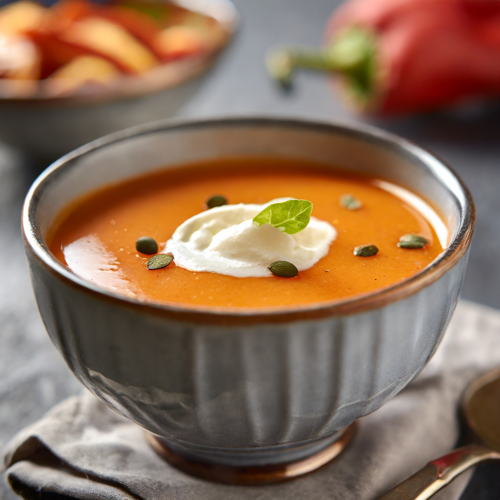 Recette de Potage aux patates douces et aux poivrons marinés