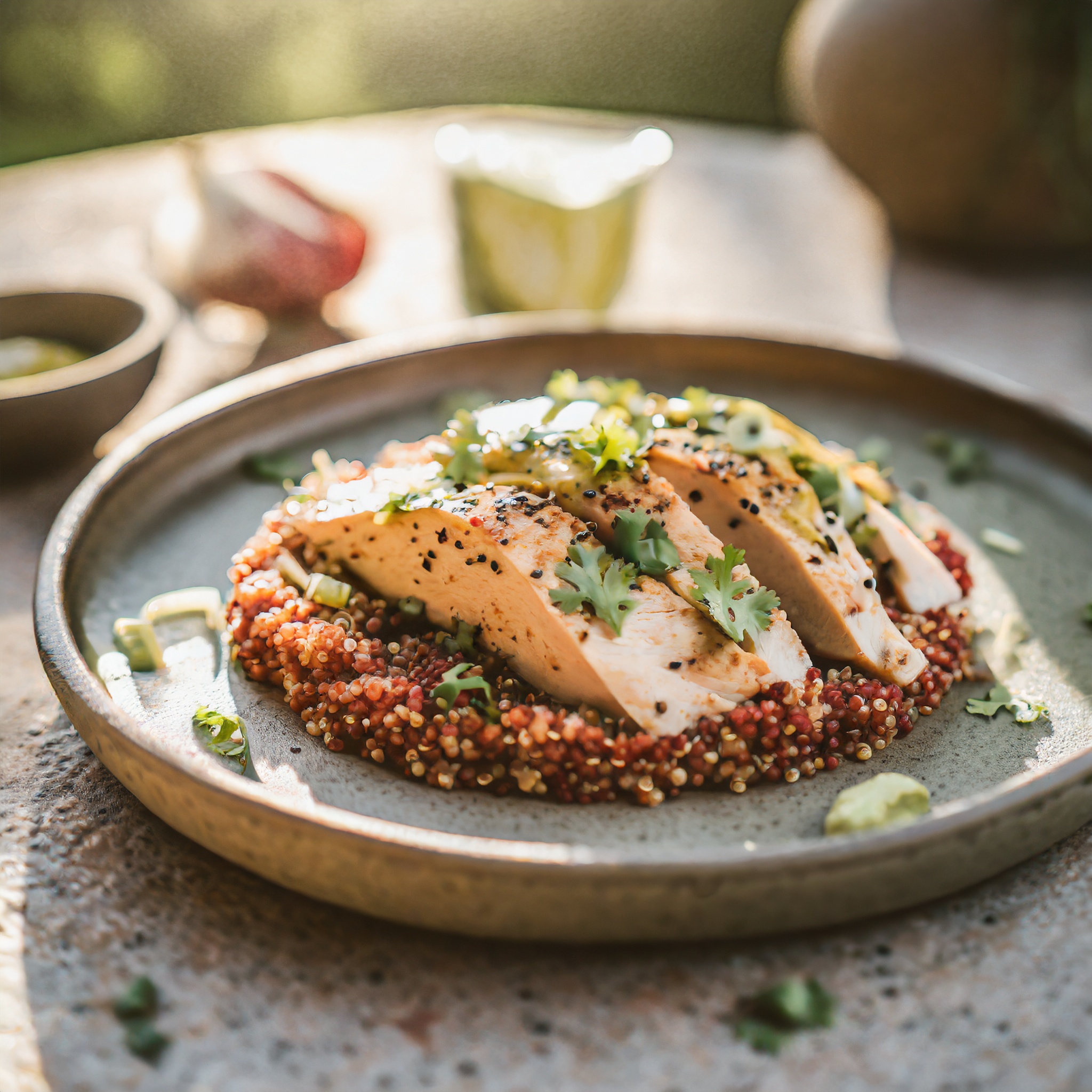 Recette de Poitrines de poulet, sauce à la coriandre & quinoa aux tomates