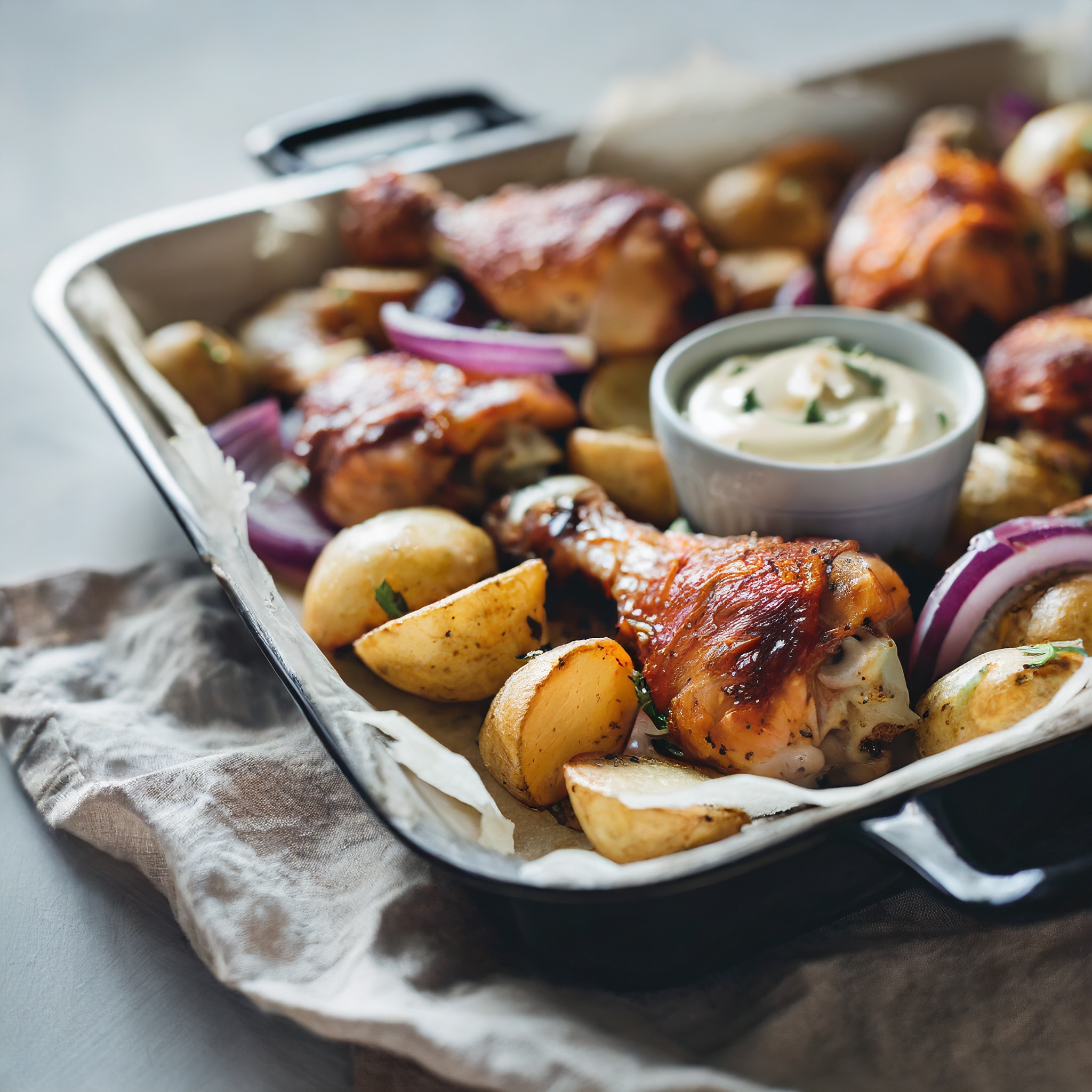 Recette de Pilons de poulet rôtis & mayonnaise à l'oignon rouge